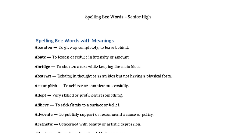 Spelling Bee Words for Senior High: Definitions and Meanings - Studocu
