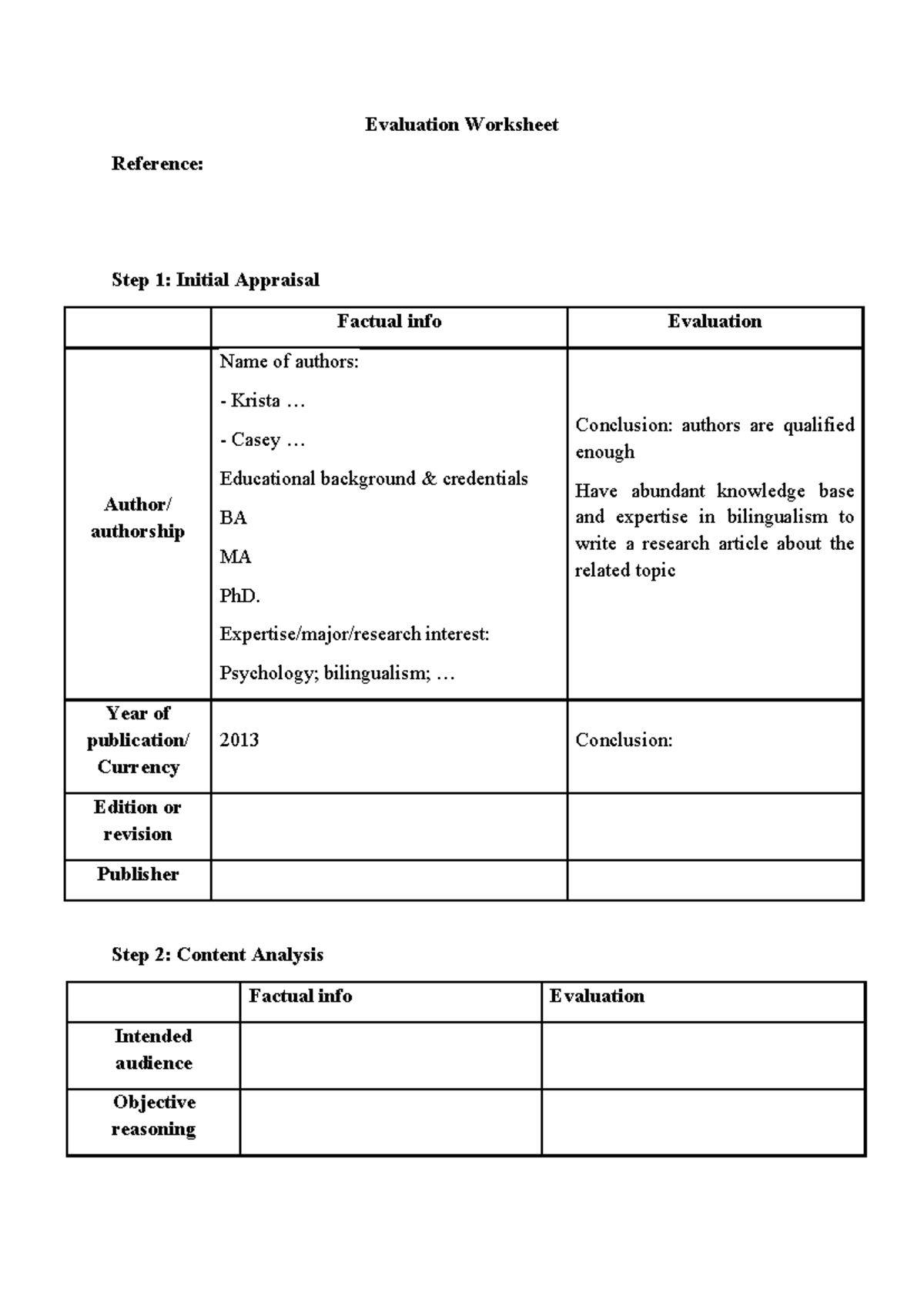 Evaluation Worksheet - english words - Evaluation Worksheet Reference ...