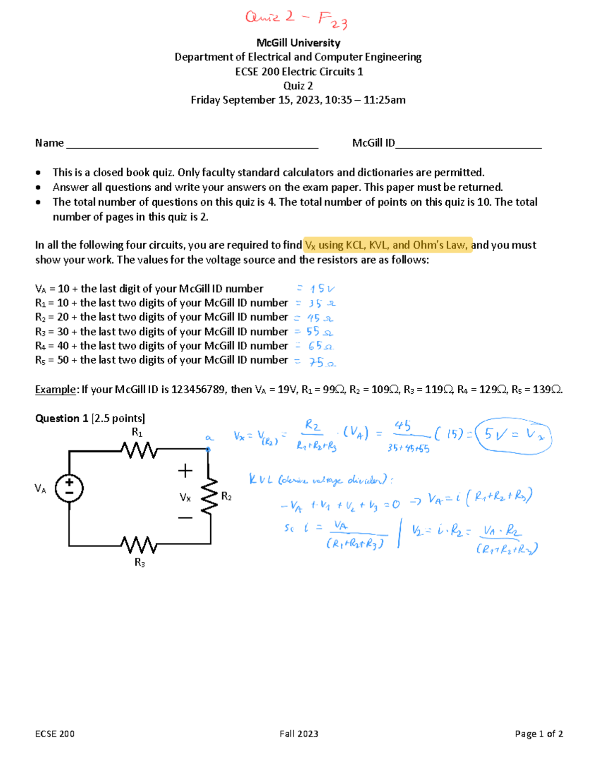 ECSE 200 Electric Circuits 1 Quiz 2 - McGill University, Fall 2023 ...