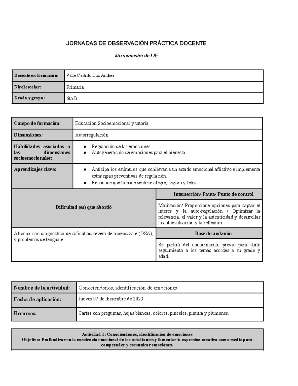 Planificación de Actividades Socioemocionales 6to Grado LIE - Studocu