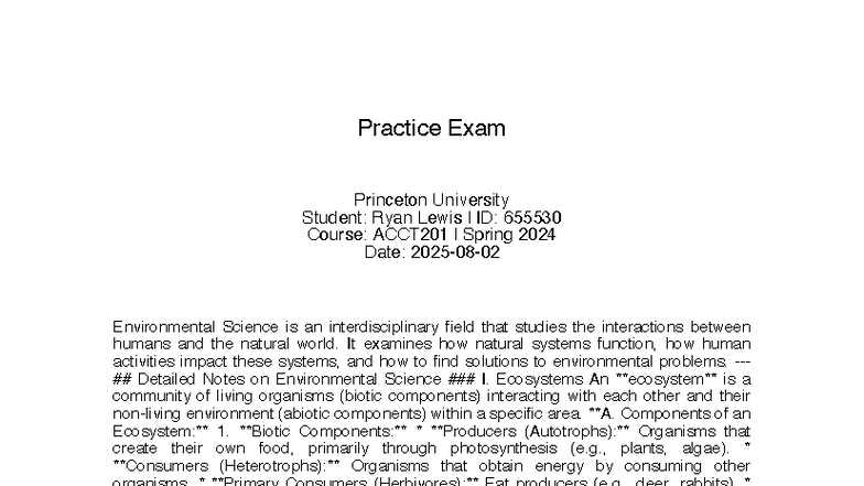 ACCT201 Spring 2024 Practice Exam: Environmental Science Overview - Studocu
