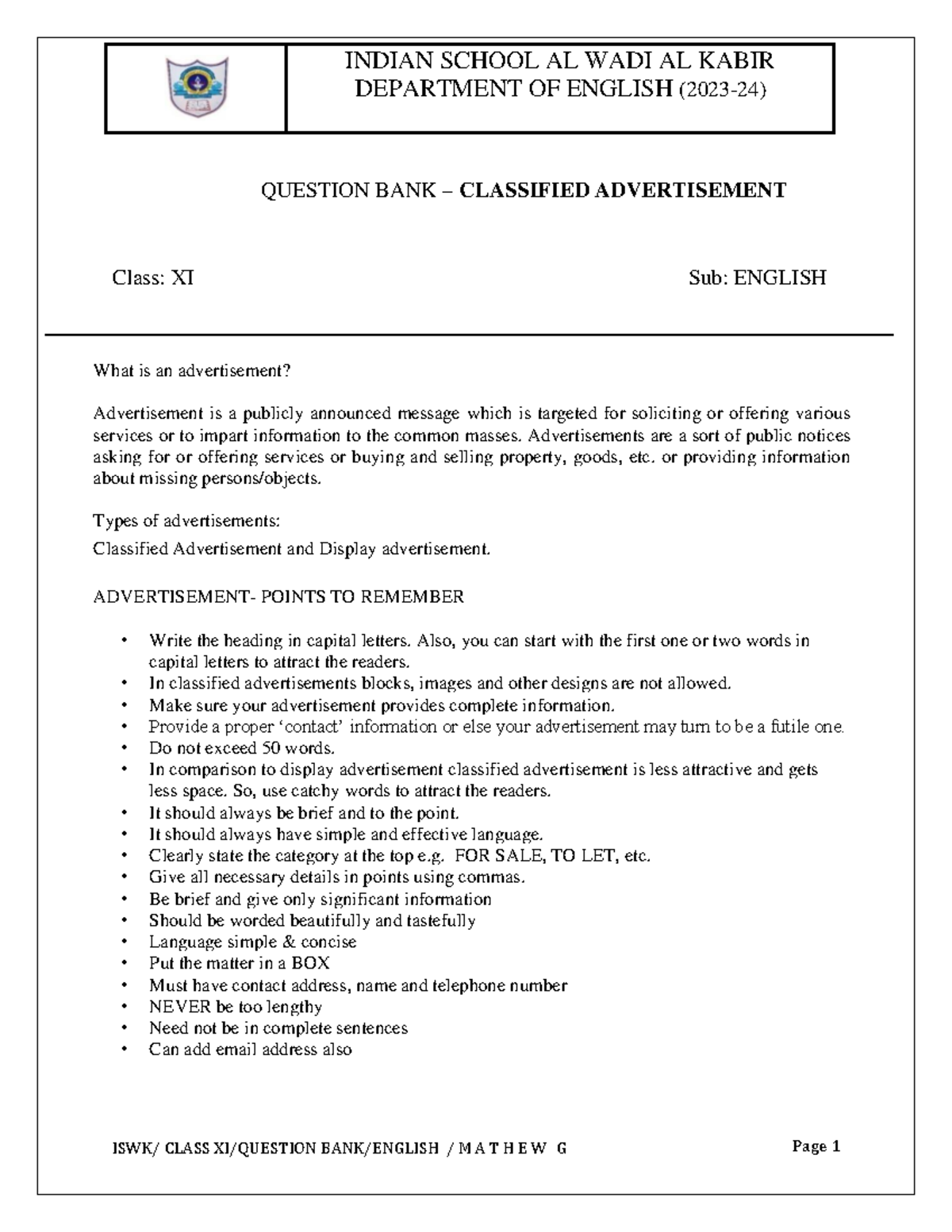 Classified Advertisement Guide for Class XI - English - Studocu