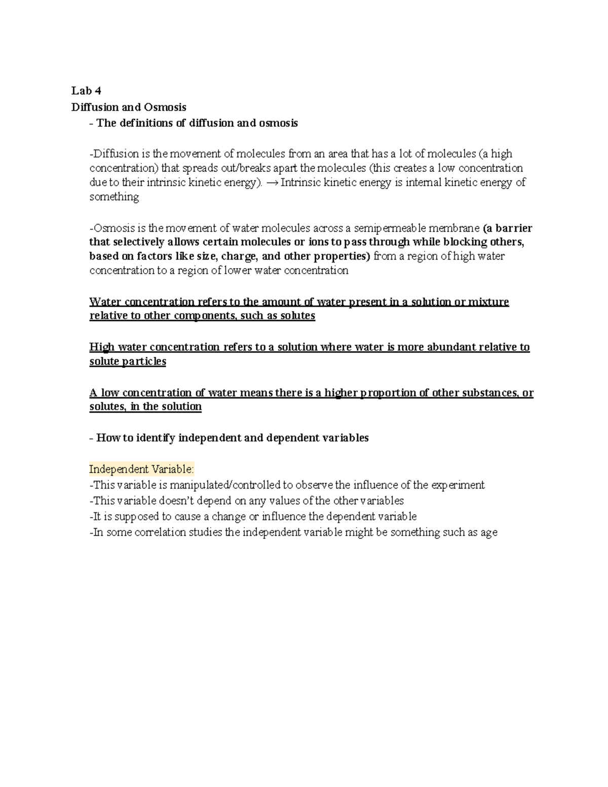 Lab Study Guide: Diffusion, Osmosis, Photosynthesis & DNA (Lab 4) - Studocu