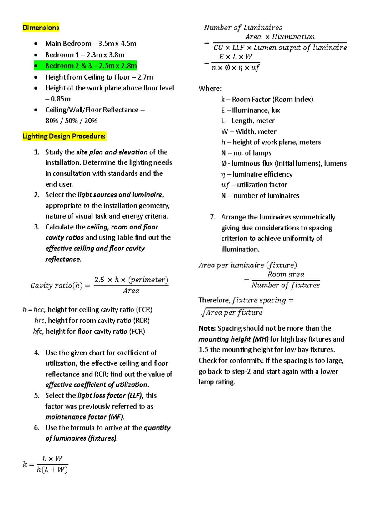 Bedroom 2 & 3 Lighting Design Calculations - RES 101 - Studocu