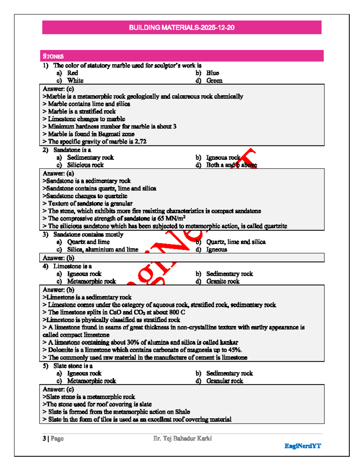 Stones MCQ - Construction Materials (ENGI 101) - Studocu