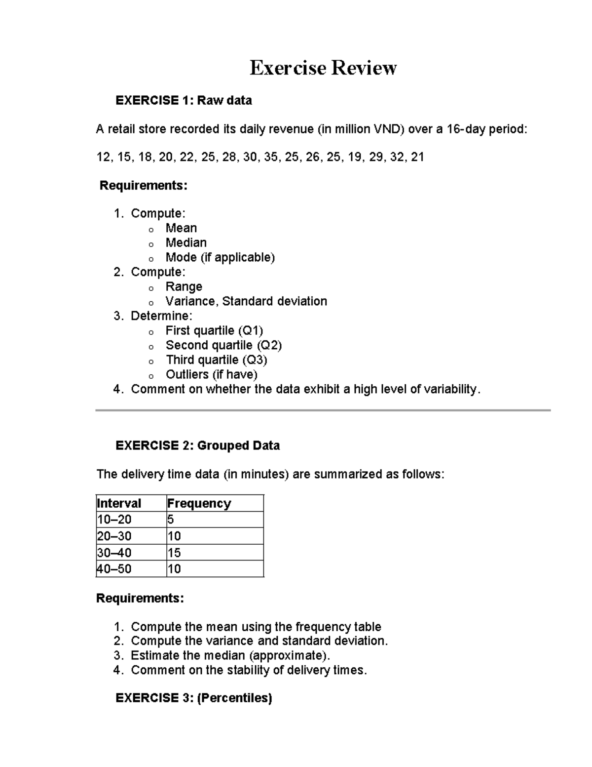 Statistics Exercise Review for Mid-term Test 2026 - Studocu