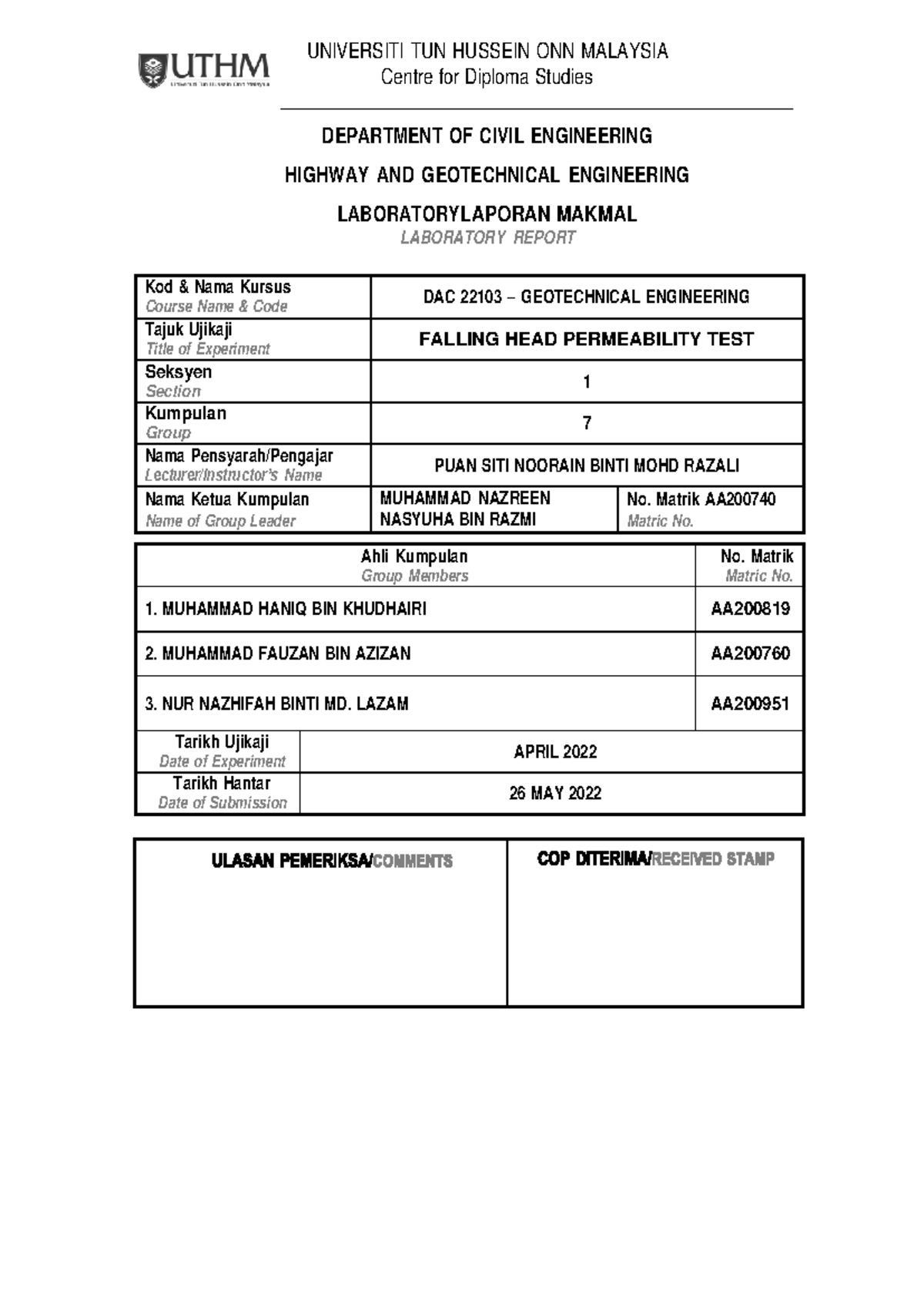 DAC 22103 - Falling Head Permeability Test Lab Report (S1G7) - Studocu