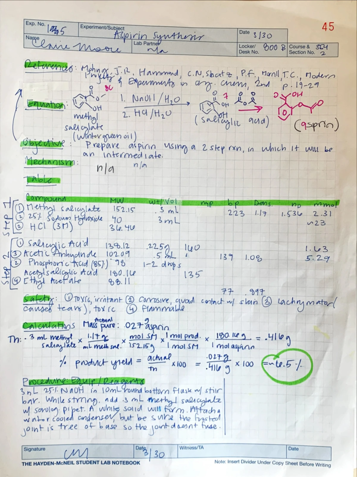 Aspirin synthesis Lab report - Ashley Islam TA Jeremy Liew Chem L ...
