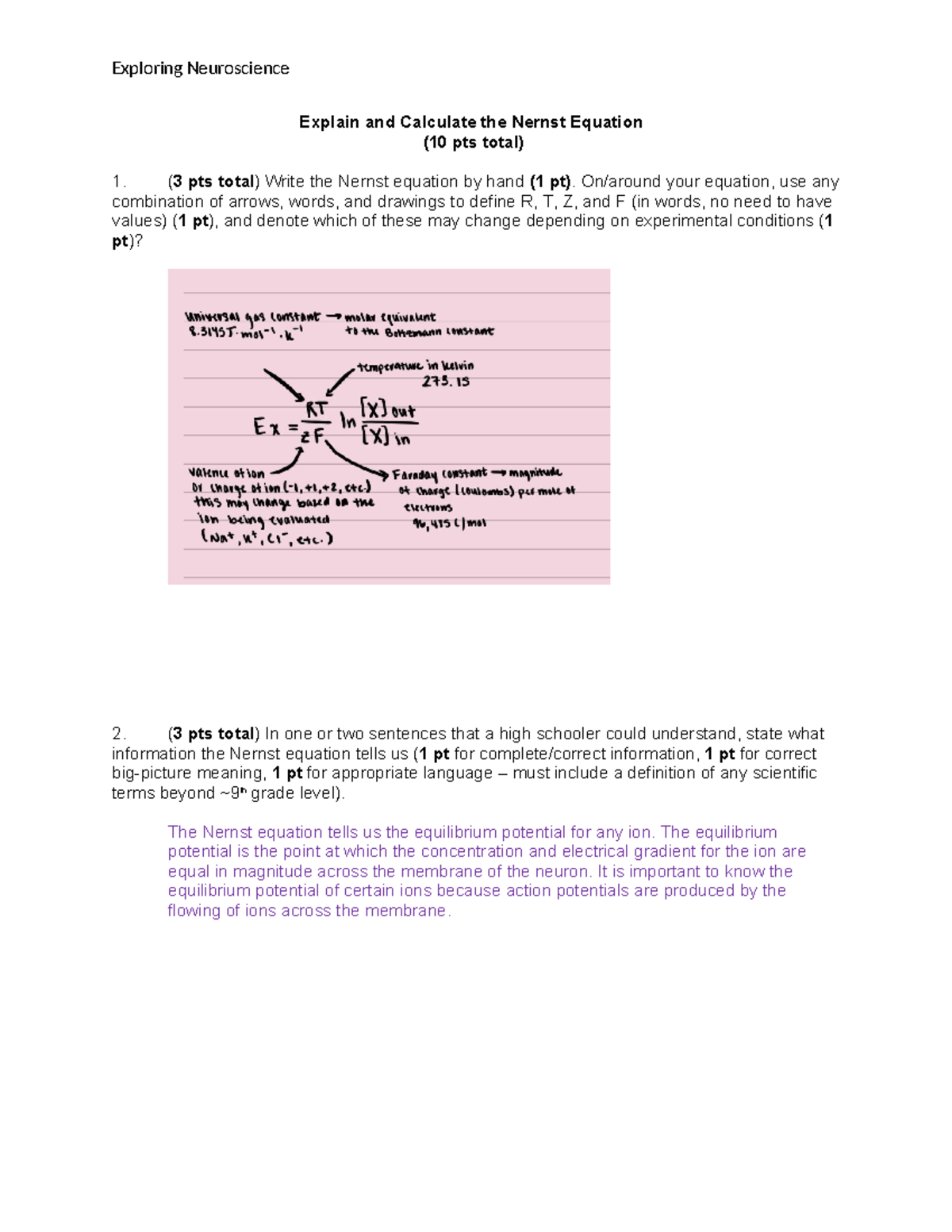 NSCI 2100 Nernst Equation: Detailed Explanation and Calculations - Studocu