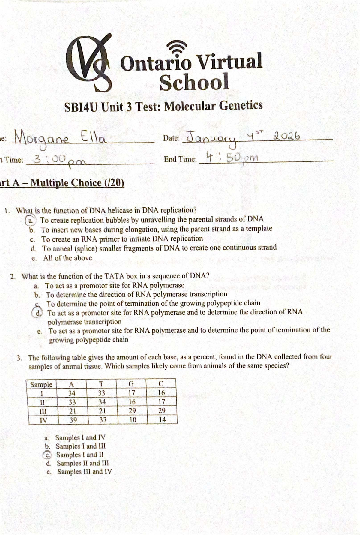 SBI4U Unit 3 Test: Molecular Genetics Overview and Questions - Studocu