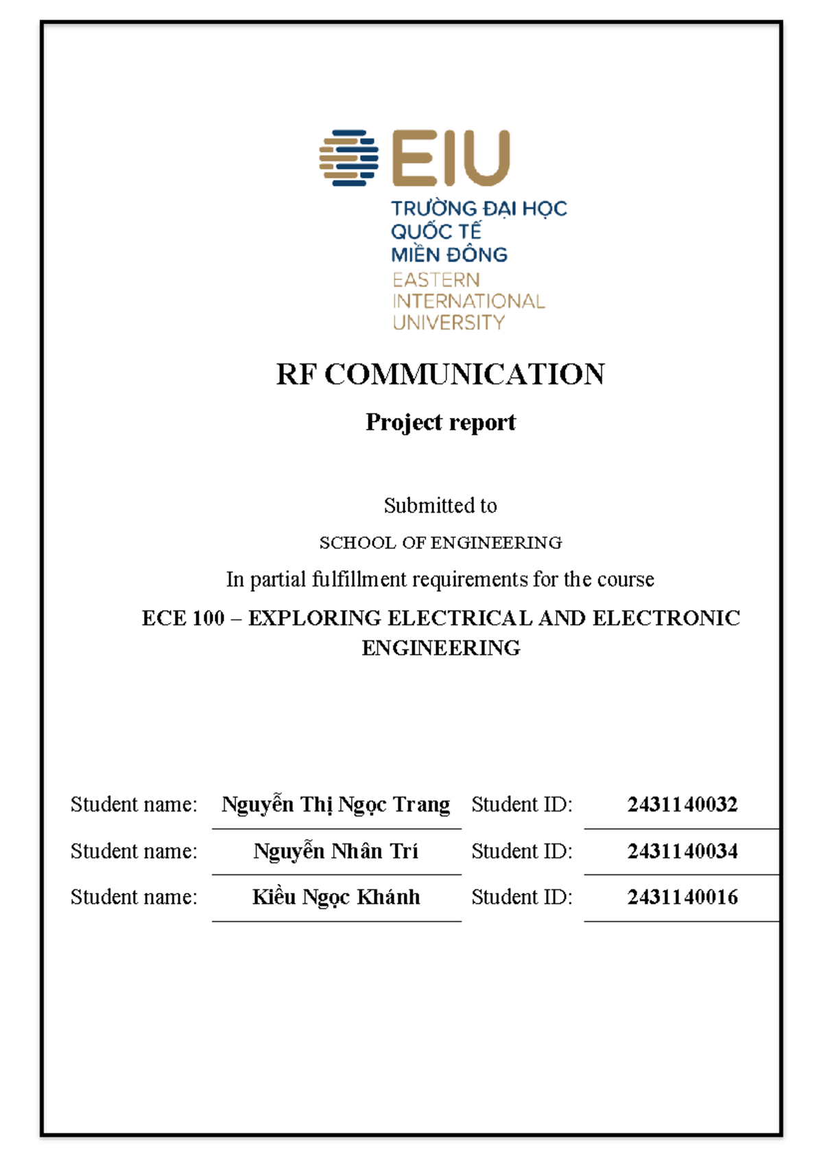 RF COMMUNICATION Project Report - ECE 100 Final Submission - Studocu