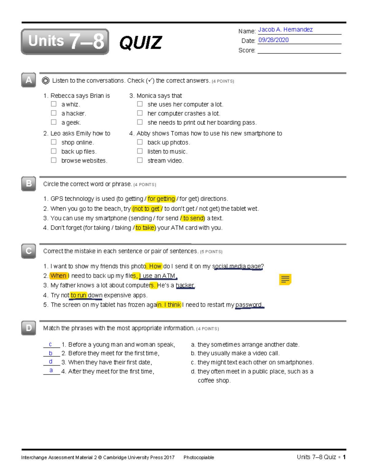 Units 7-8 Quiz - Interchange Assessment Material - Inglés - Studocu