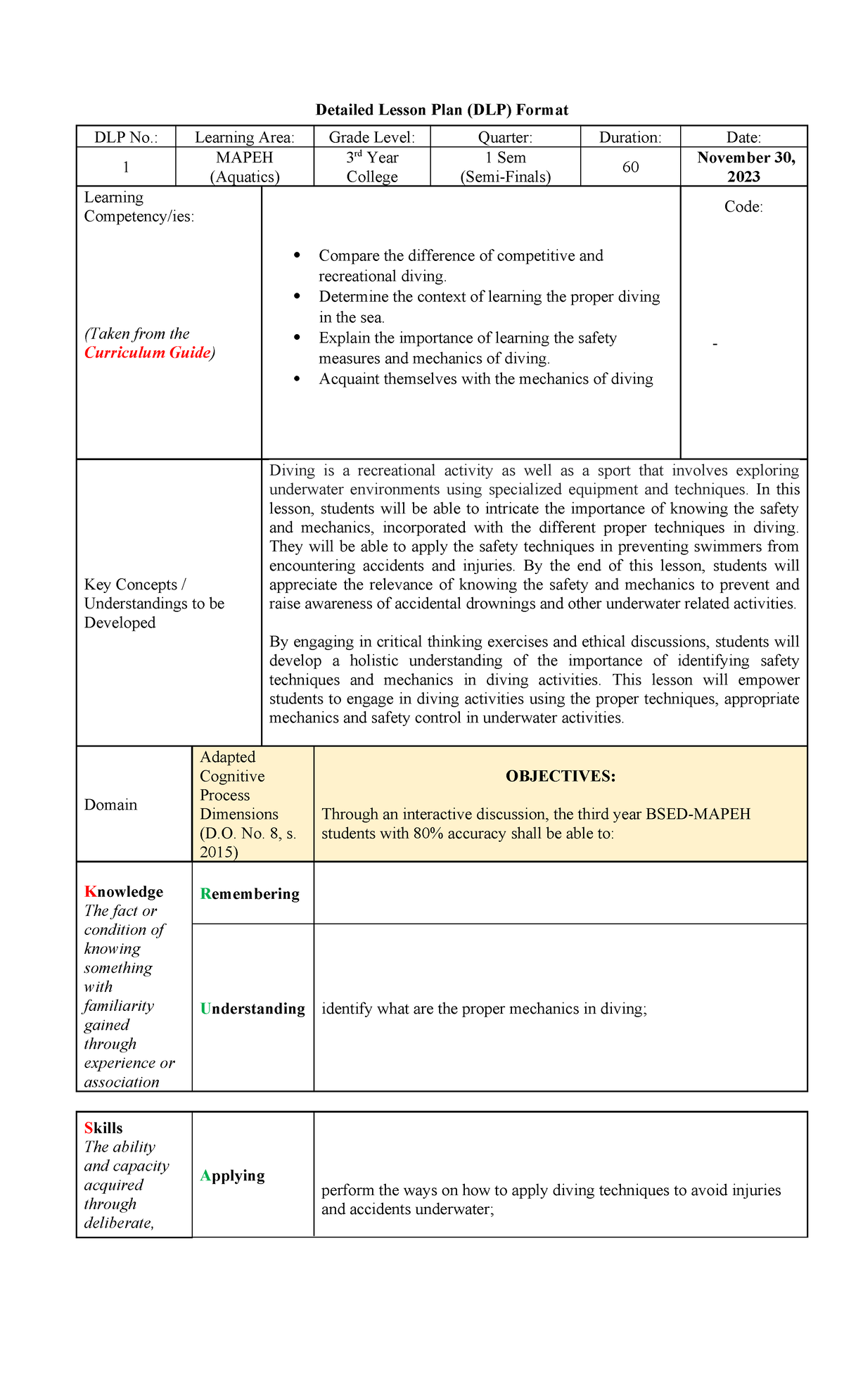Aquatics DLP - MAPEH 3rd Year Semi-Finals Diving Safety & Mechanics ...