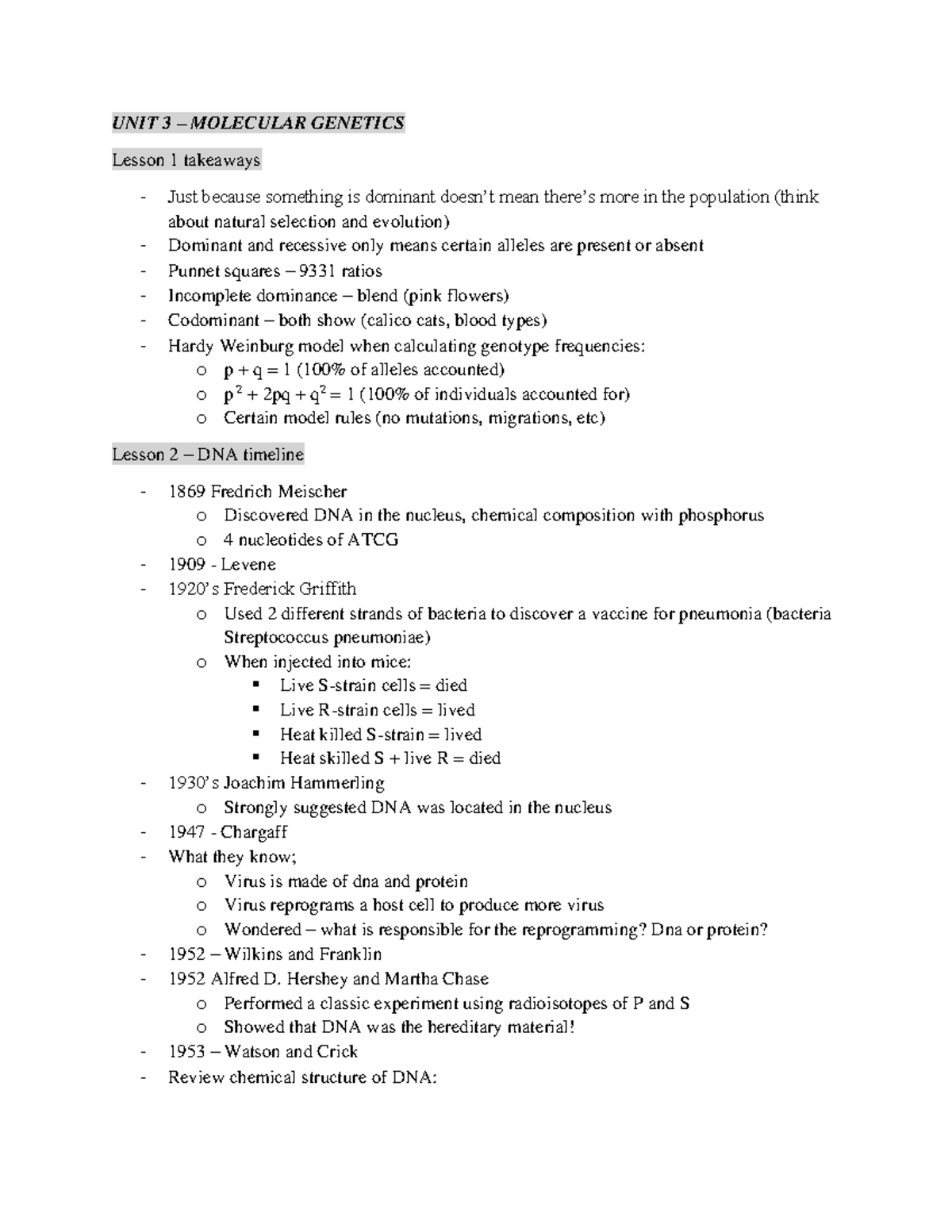 SBI4UA - Molecular Genetics Review - UNIT 3 – MOLECULAR GENETICS Lesson ...