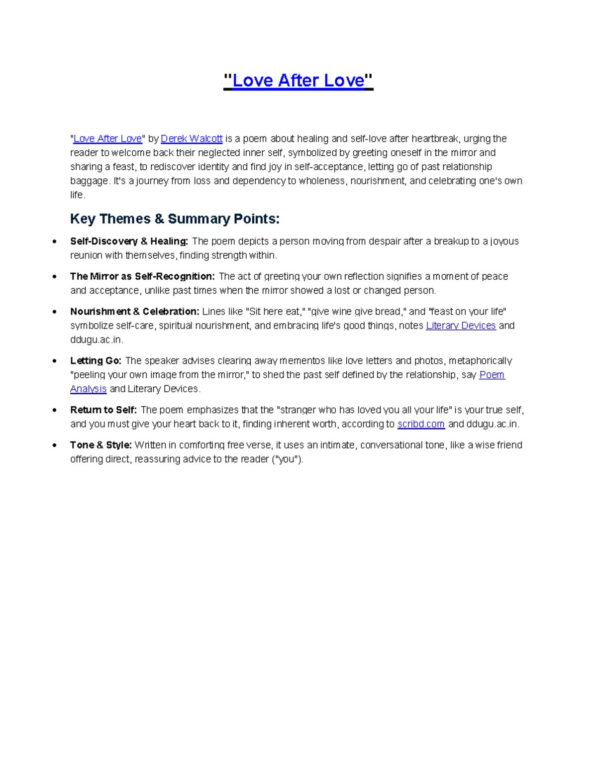 Love After Love: Poem Analysis and Key Themes Summary - Studocu