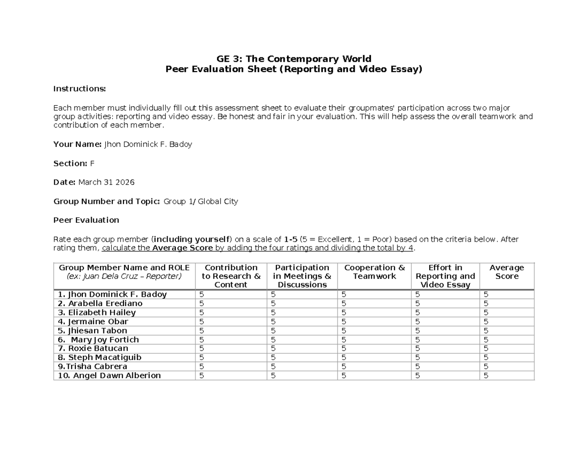 GE 3: Peer Evaluation Sheet for Reporting & Video Essay - Studocu