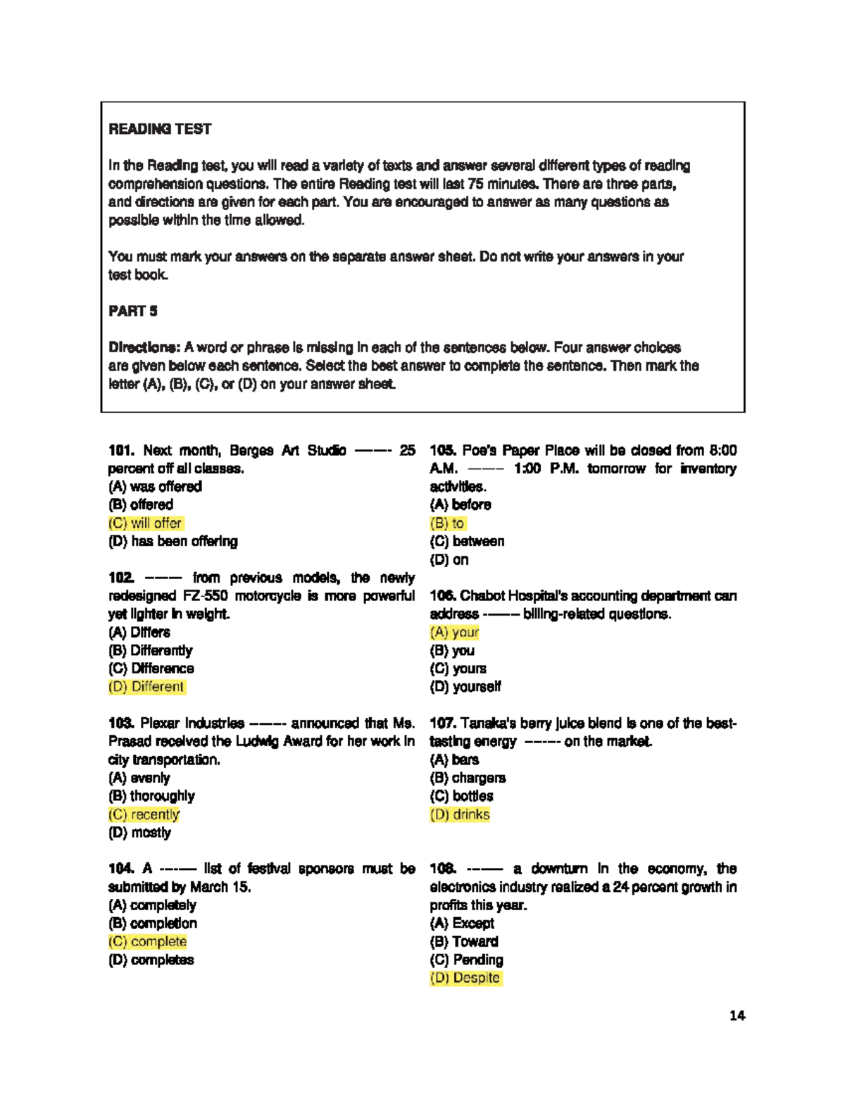 READING TEST: Comprehension Questions & Directions - Studocu