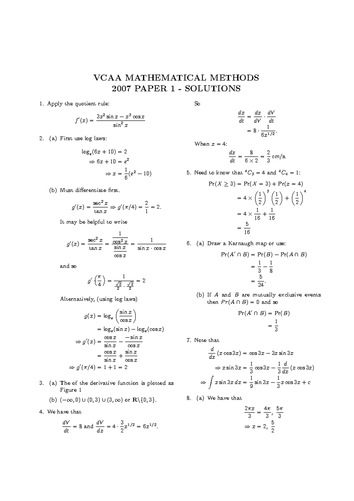 VCAA Mathematical Methods 2007 Paper 1 Solutions - Studocu