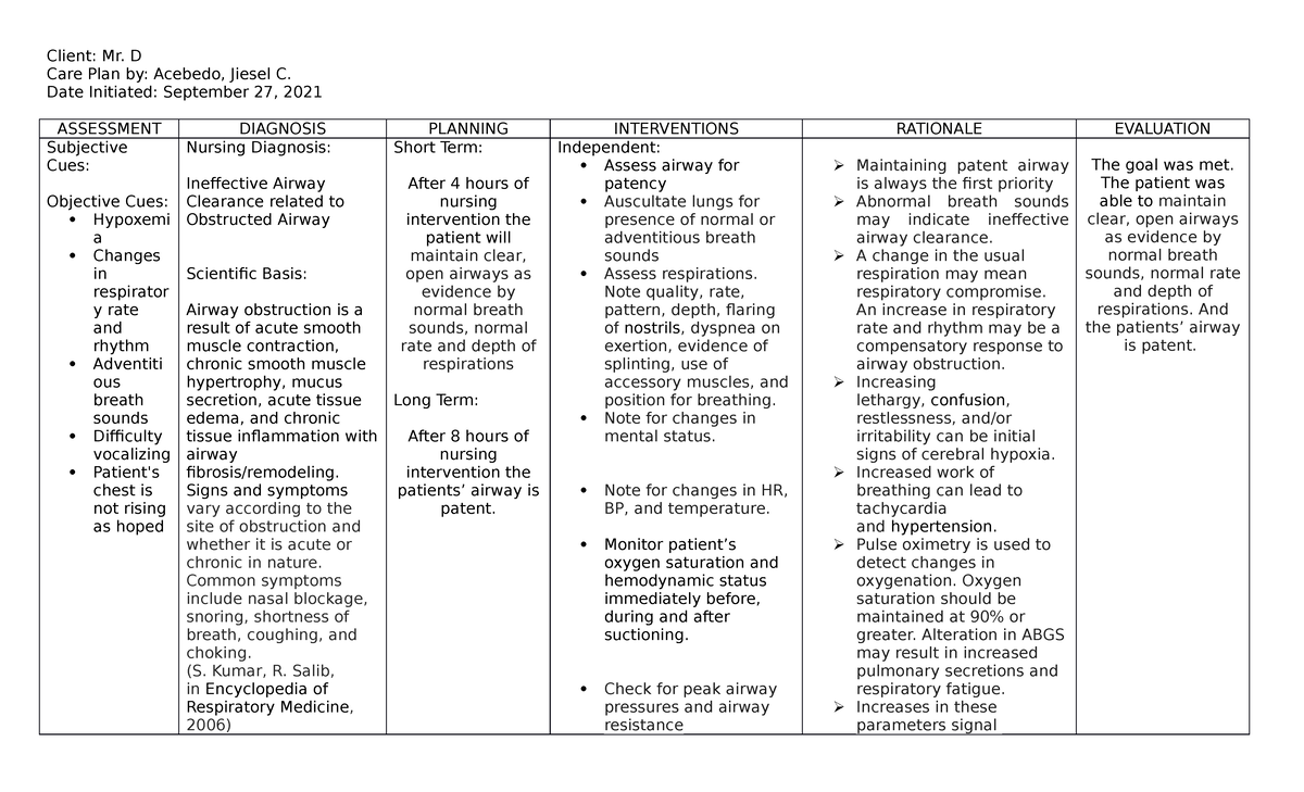 Activity 1 - Lecture notes 1 - Client: Mr. D Care Plan by: Acebedo ...