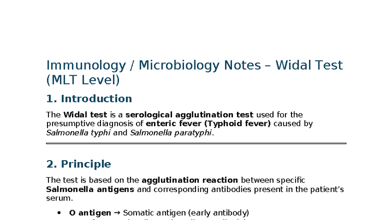 Widal Test: Principle, Procedure & Interpretation (MLT Notes) - Studocu