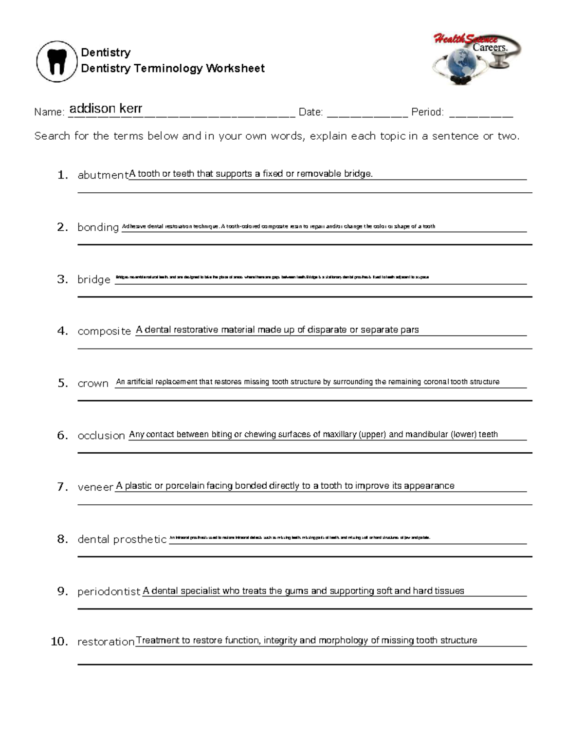 Dentistry Terminology Worksheet (Activity 1) - Studocu