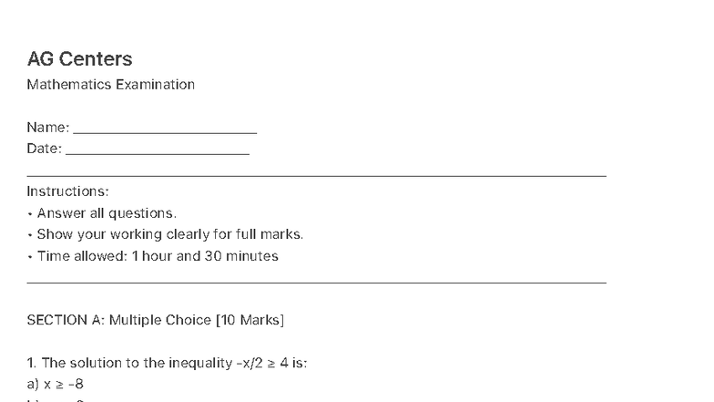 AG Centers Mathematics Exam Paper: Comprehensive Review - Studocu