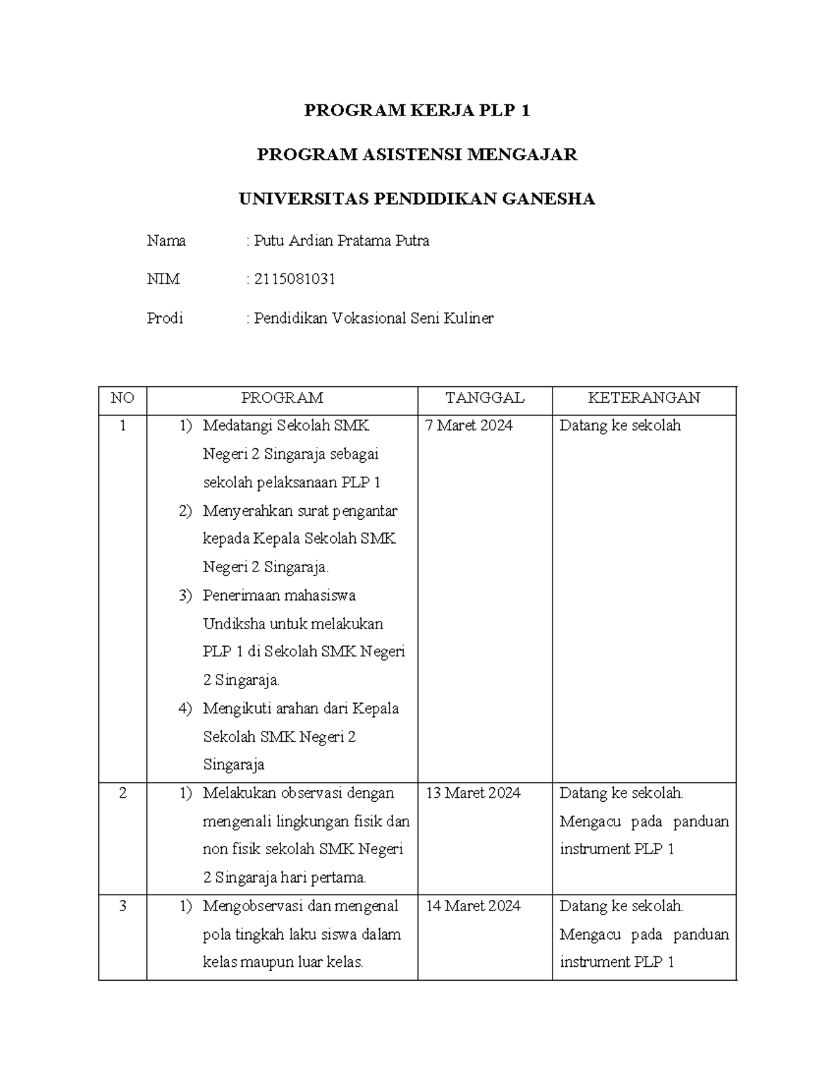 Program Kerja PLP 1: Laporan Kegiatan Mengajar di SMK Negeri 2 Singaraja - Studocu