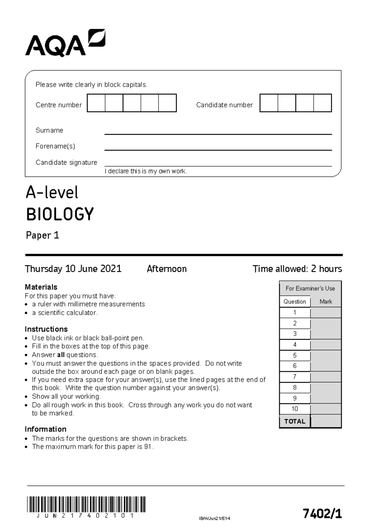 June 2024 AQA Biology Paper 1 Exam Questions and Marking Scheme - Studocu