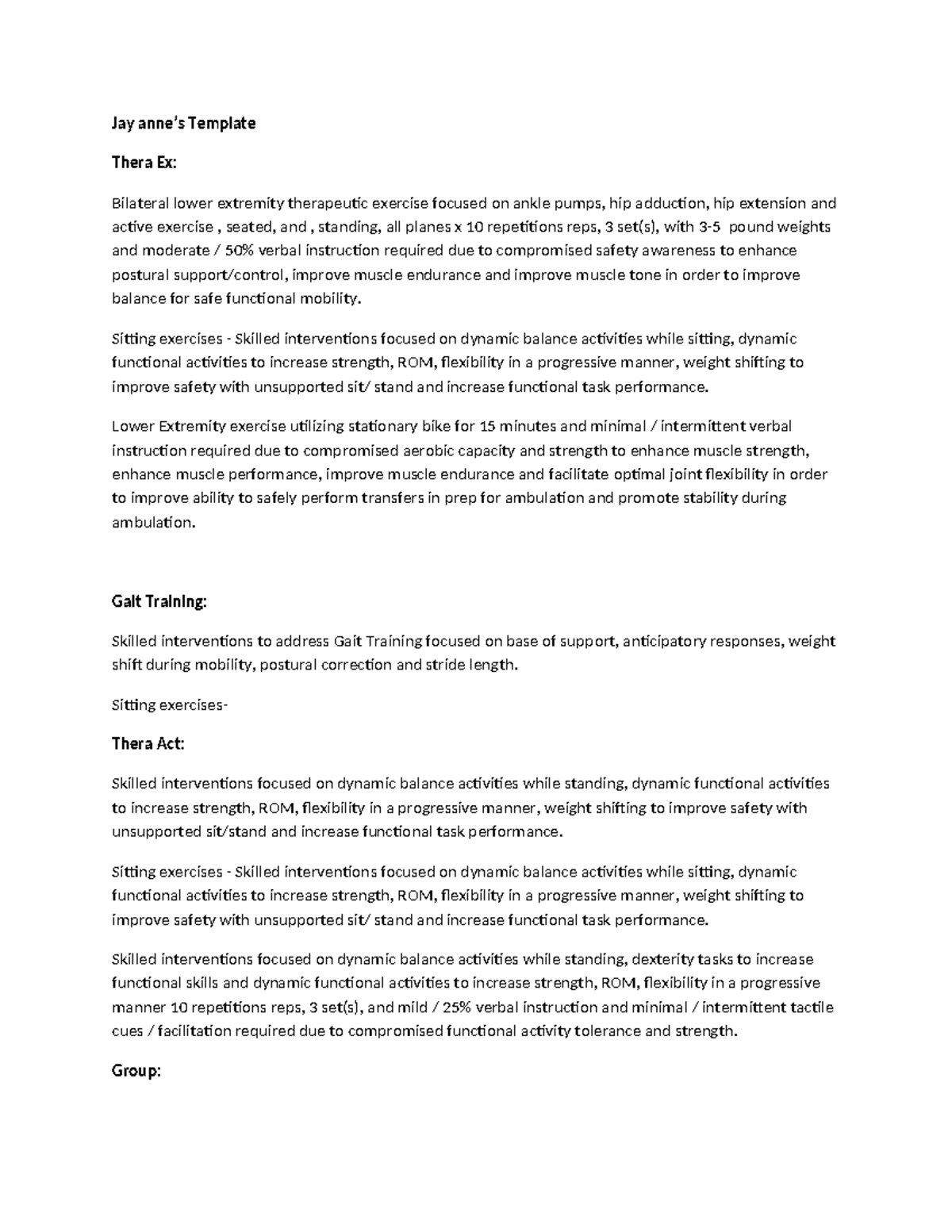 Rehab Template 1: Bilateral Lower Extremity Thera Ex for Balance ...