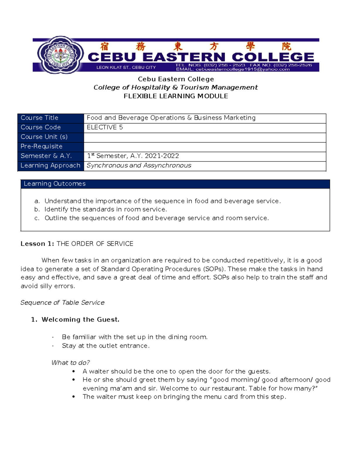 FLEXIBLE LEARNING MODULE: Food & Beverage Operations (Elective 5) - Studocu