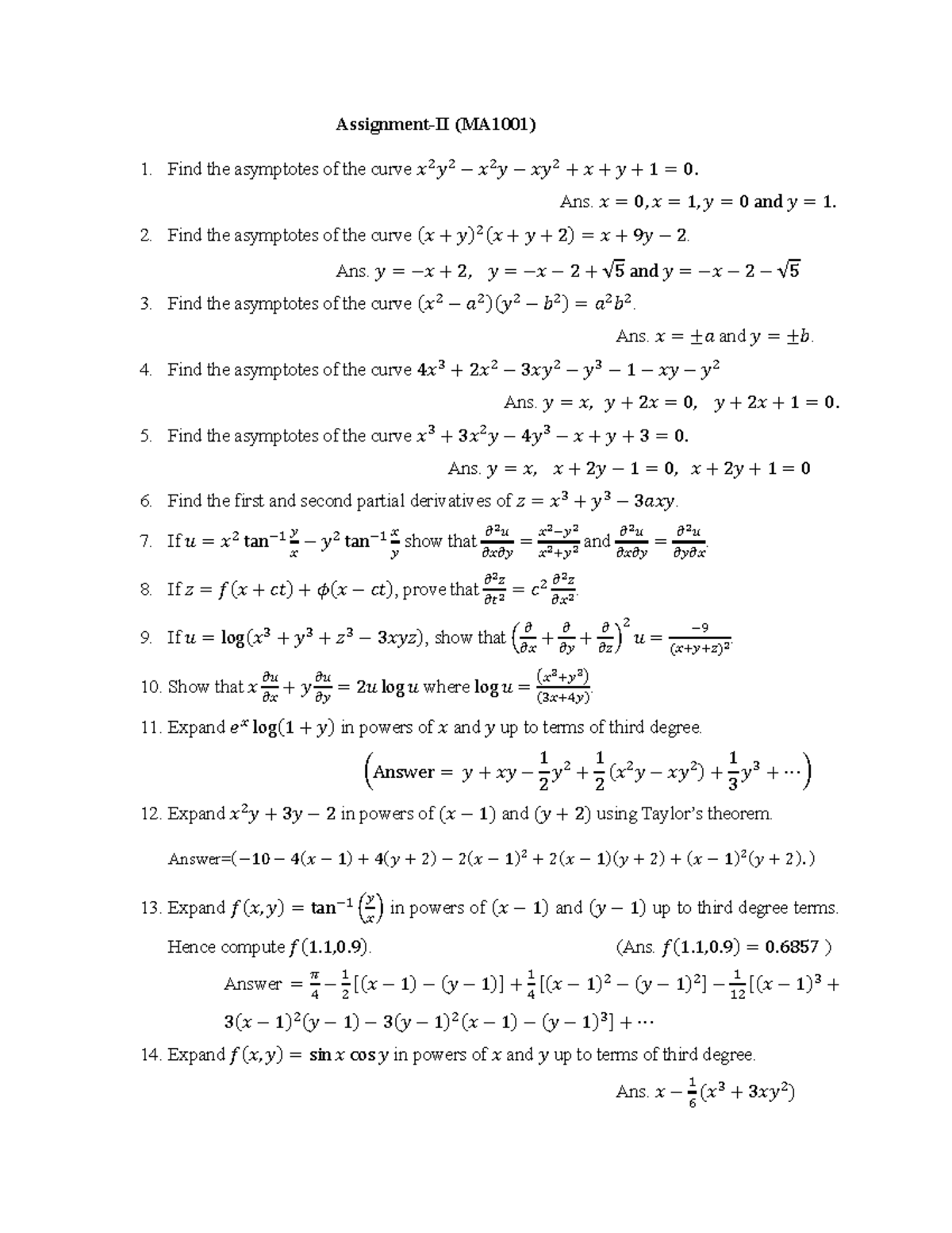 (MA1001) Assignment II: Asymptotes and Partial Derivatives Analysis ...
