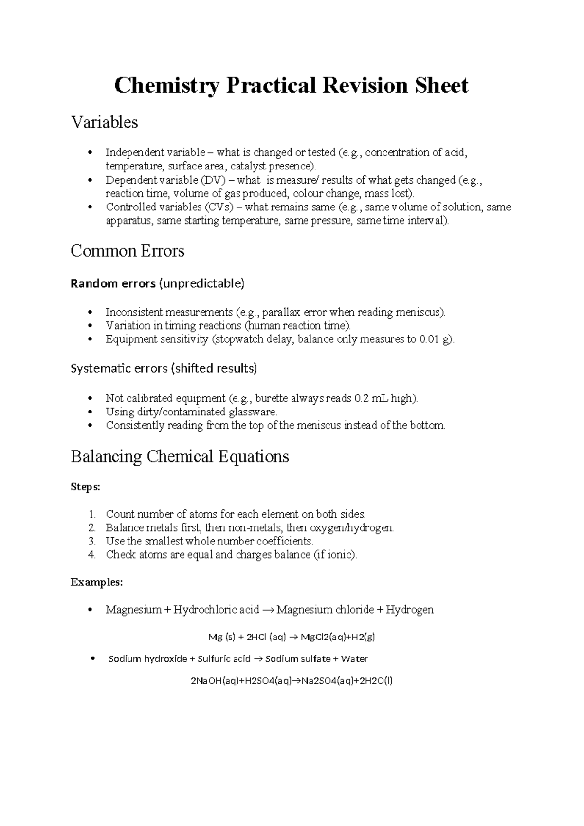 Chemistry Practical Revision Sheet: Variables & Common Errors - Studocu