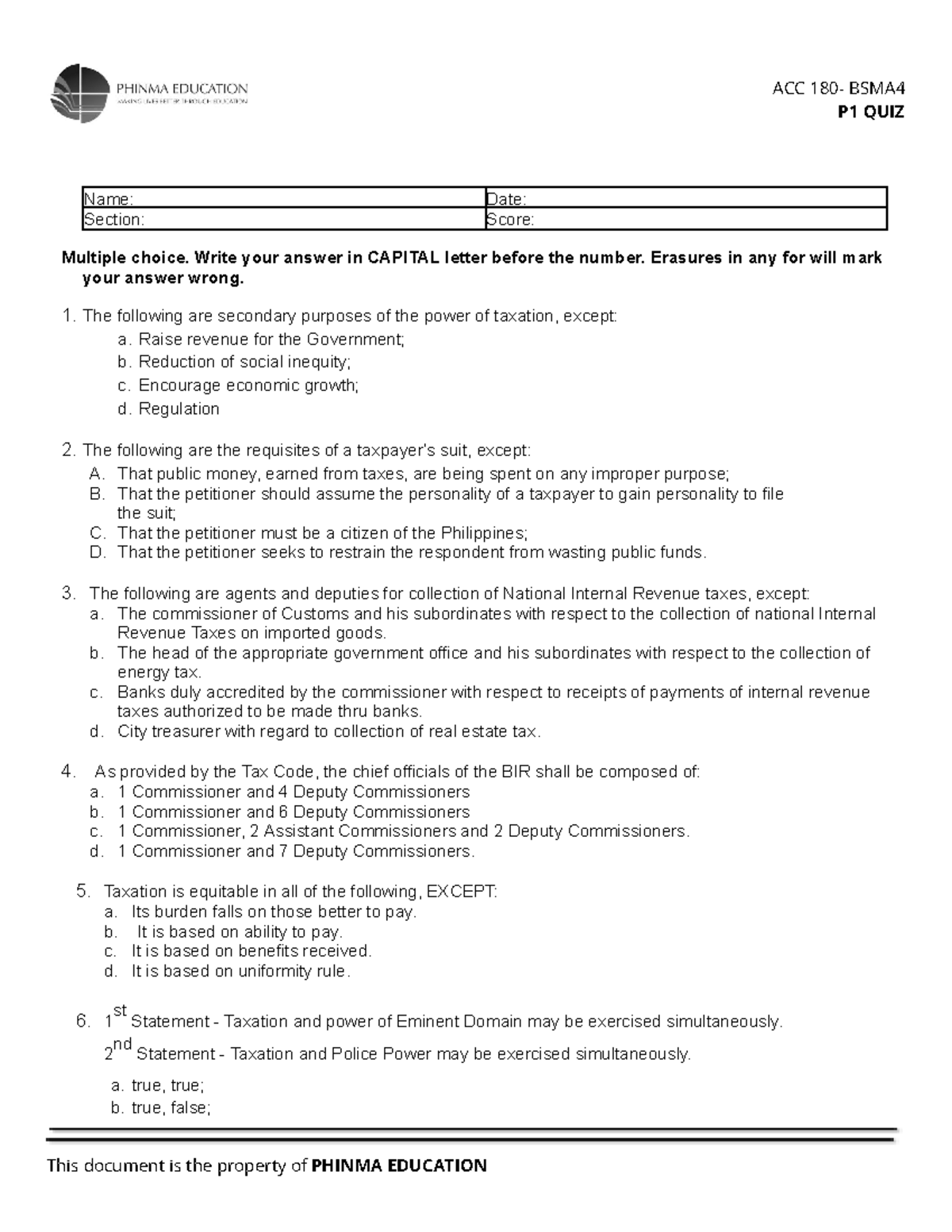ACC-180 P1-QUIZ REVIEWER: Comprehensive Study for Taxation Concepts - Studocu