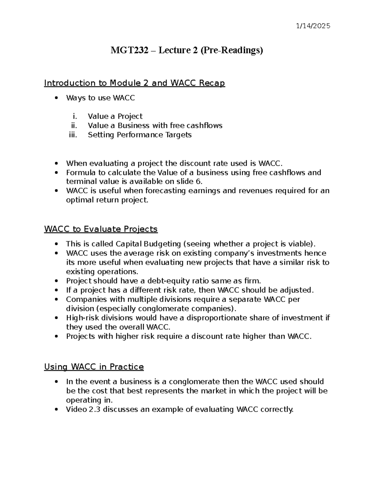 MGT232 Lecture 2 Summary: WACC and Project Evaluation Techniques - Studocu