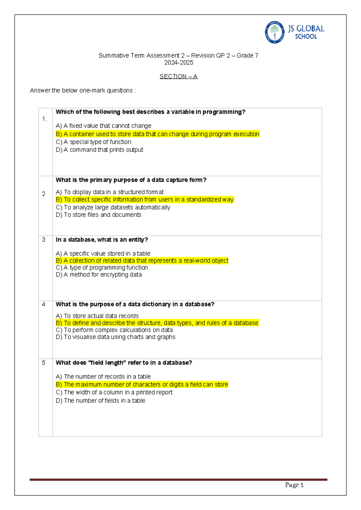 Computing SA2 Grade 7 Revision Questions and Answers - Studocu