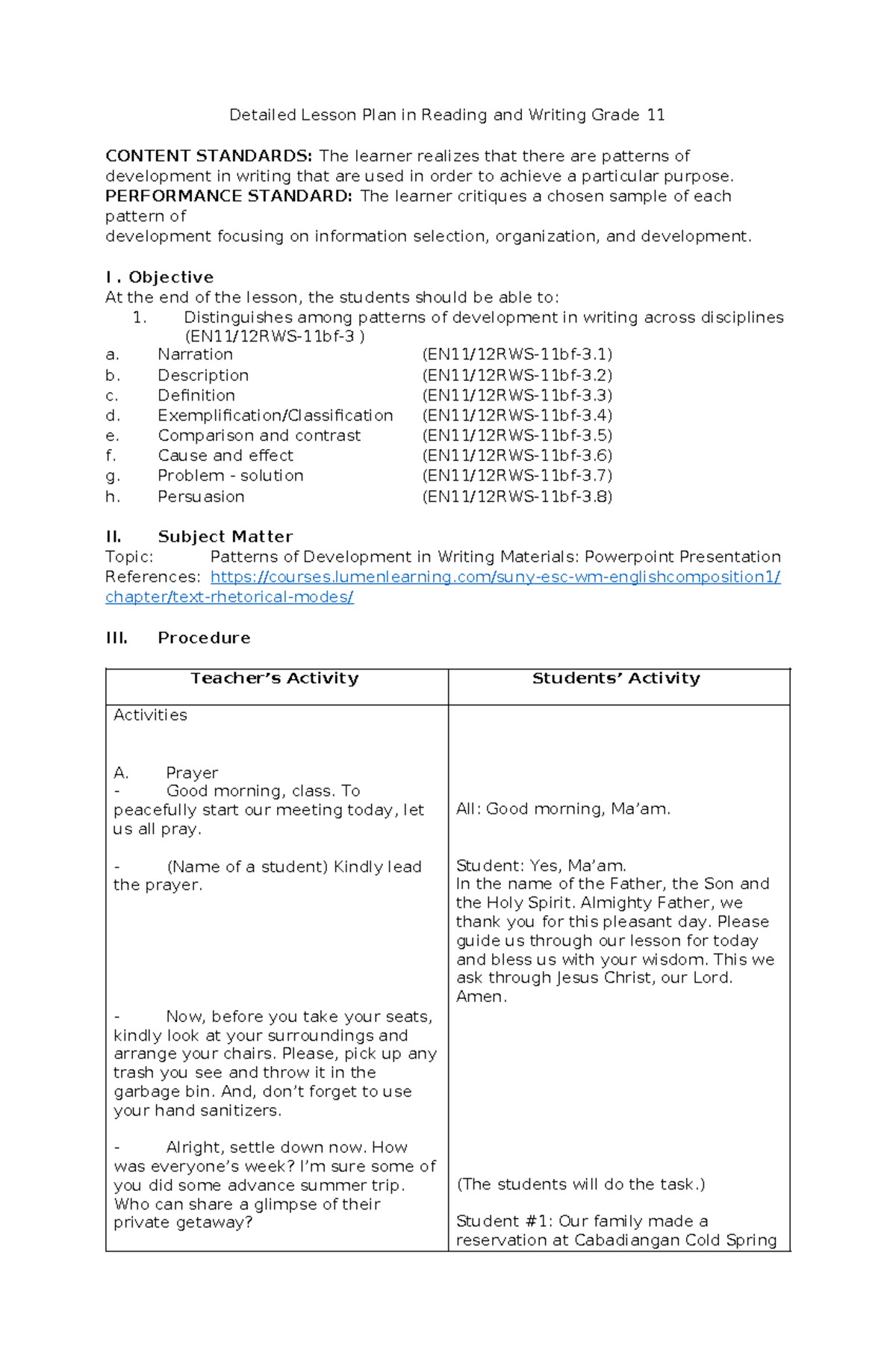 Detailed Lesson Plan in Reading and Writing Grade 11 - PERFORMANCE STANDARD: The learner ...