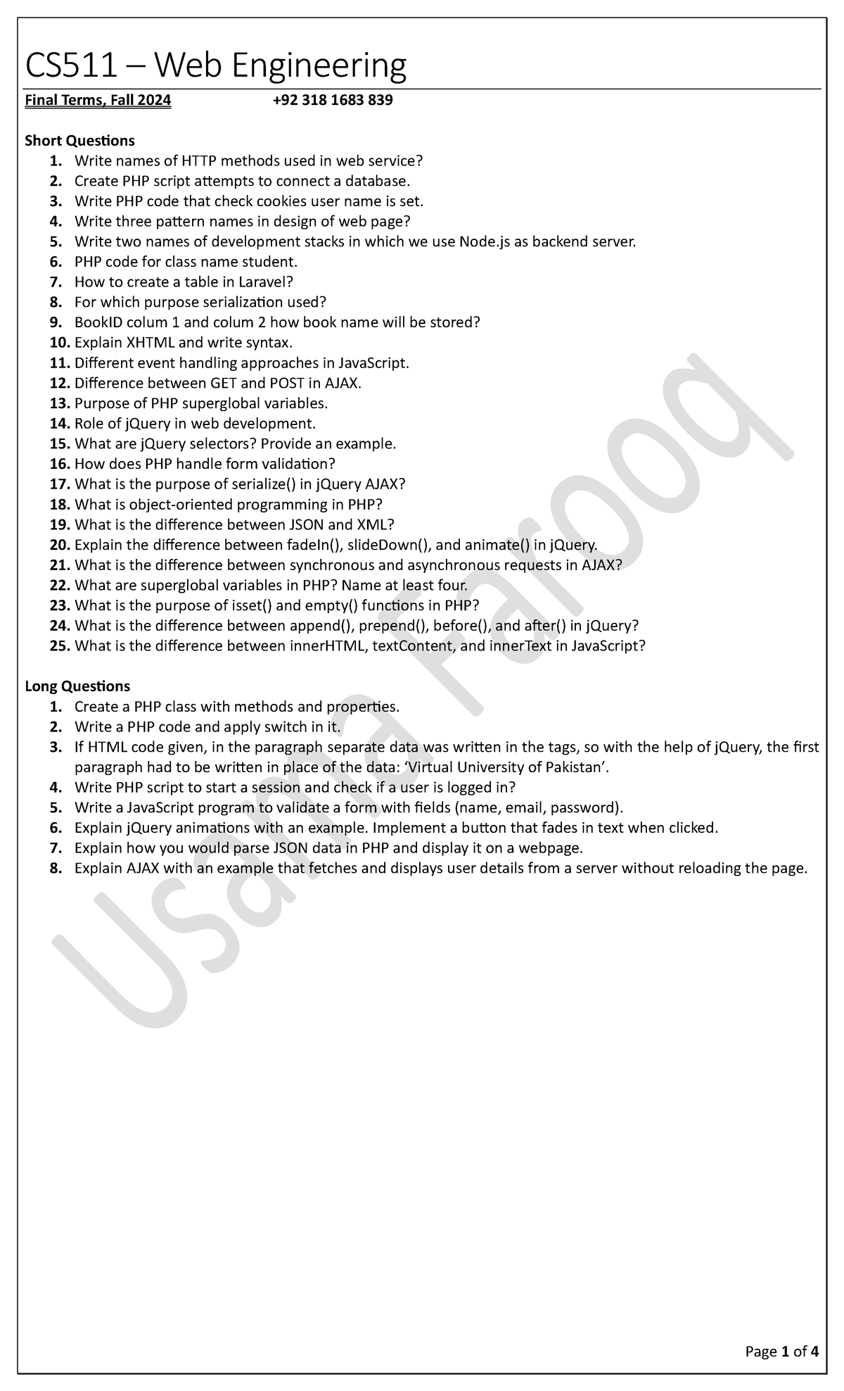 CS511 Web Engineering Final Exam Short & Long Questions, Fall 2024 ...
