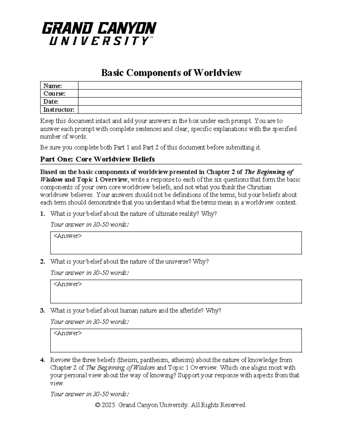 CWV 101 301 RS T1: Core Beliefs of Personal Worldview - Studocu