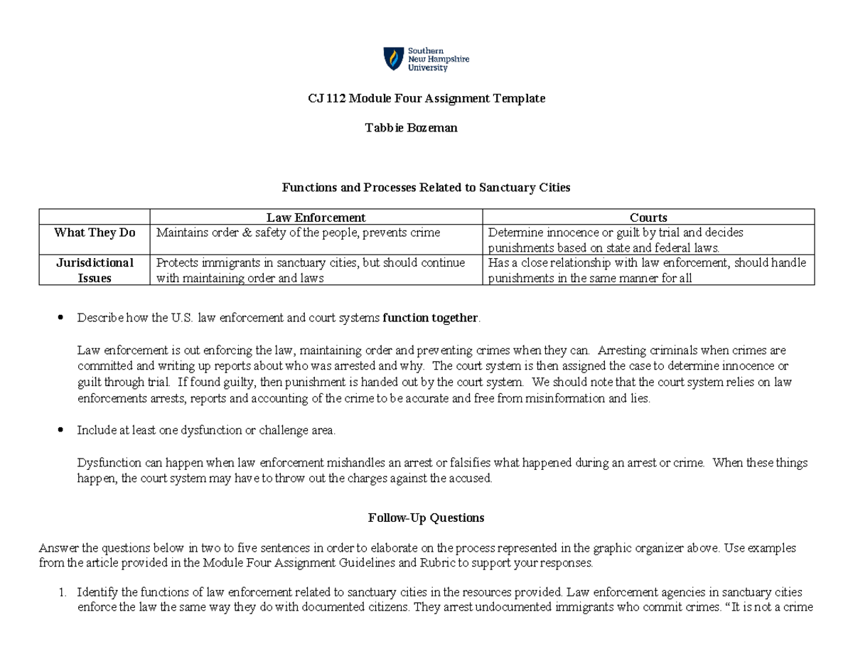 CJ 112 Module 4 Assignment: Functions of Law Enforcement in Sanctuary ...