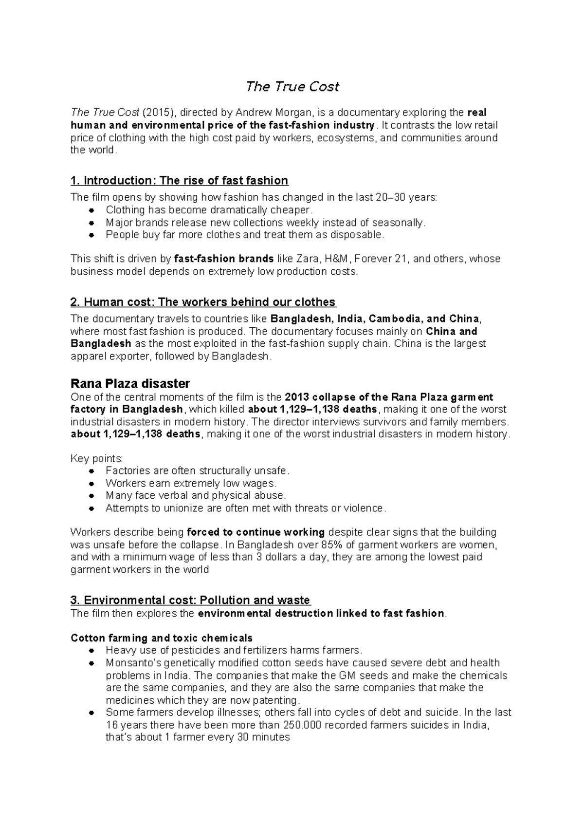 The True Cost (2015) - Summary of Key Themes and Insights - Studocu