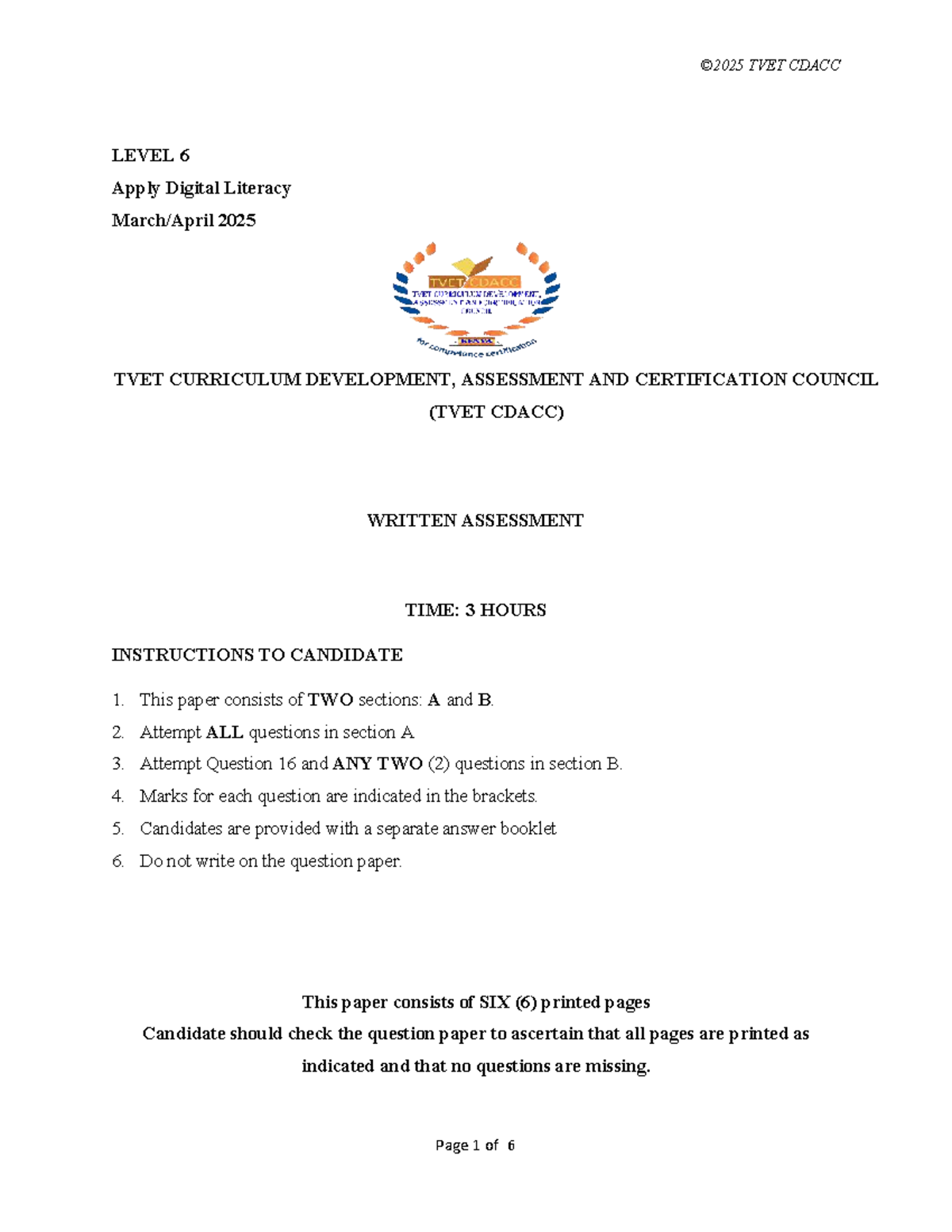 TVET CDACC LEVEL 6 Digital Literacy Written Assessment 2025 - Studocu
