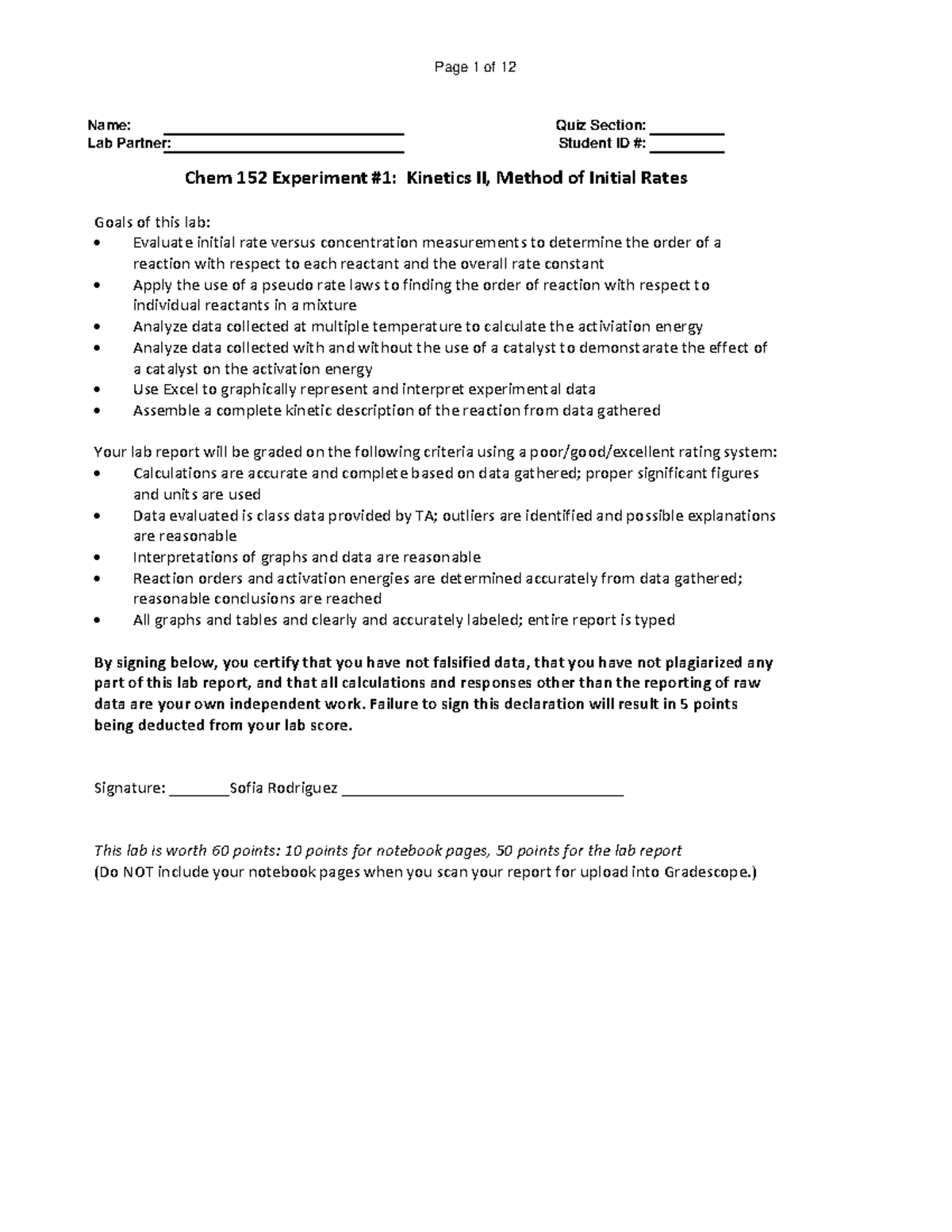 Chem152 Kinetics II Lab Report: Method of Initial Rates Analysis - Studocu