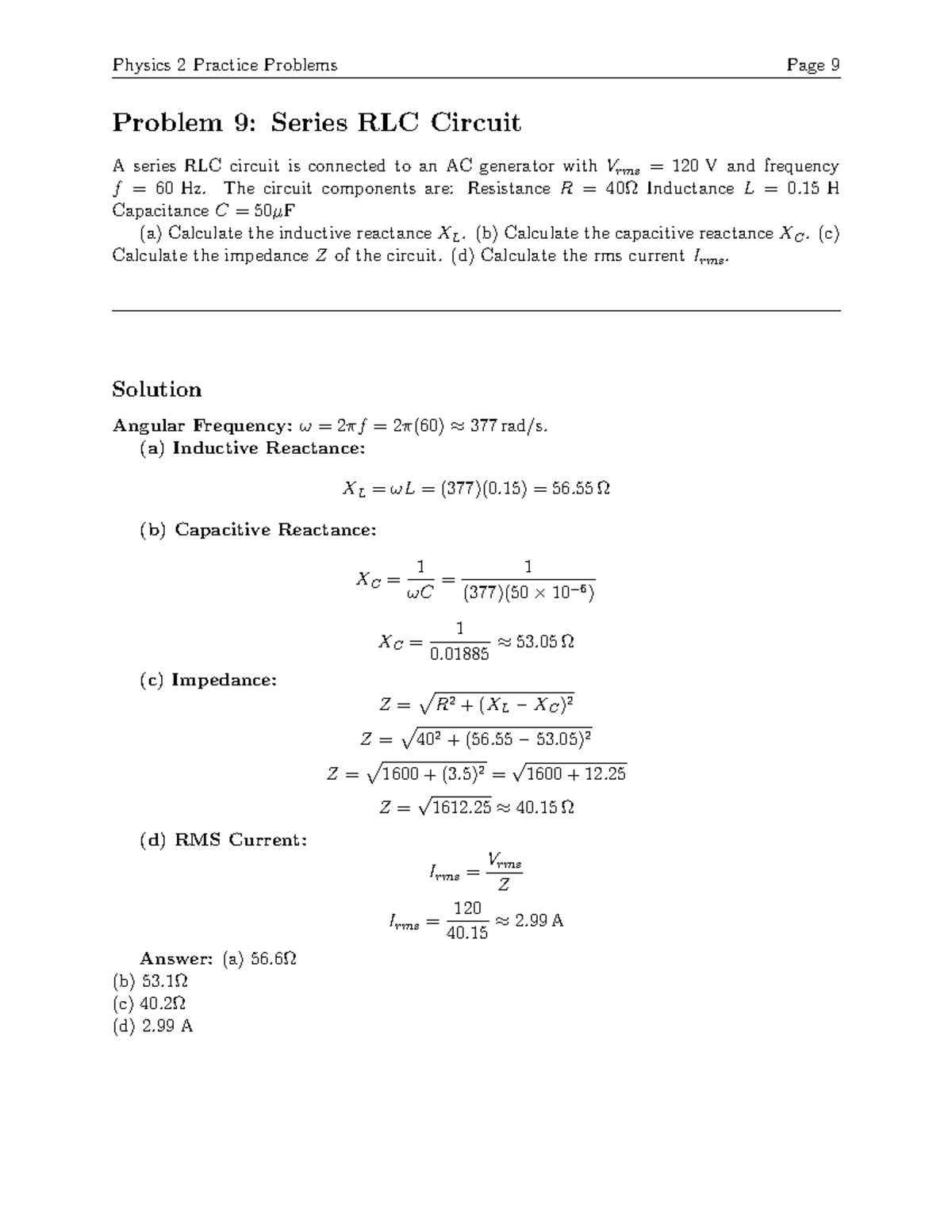 Physics 2 Practice Problems: Series RLC Circuit Analysis - Studocu