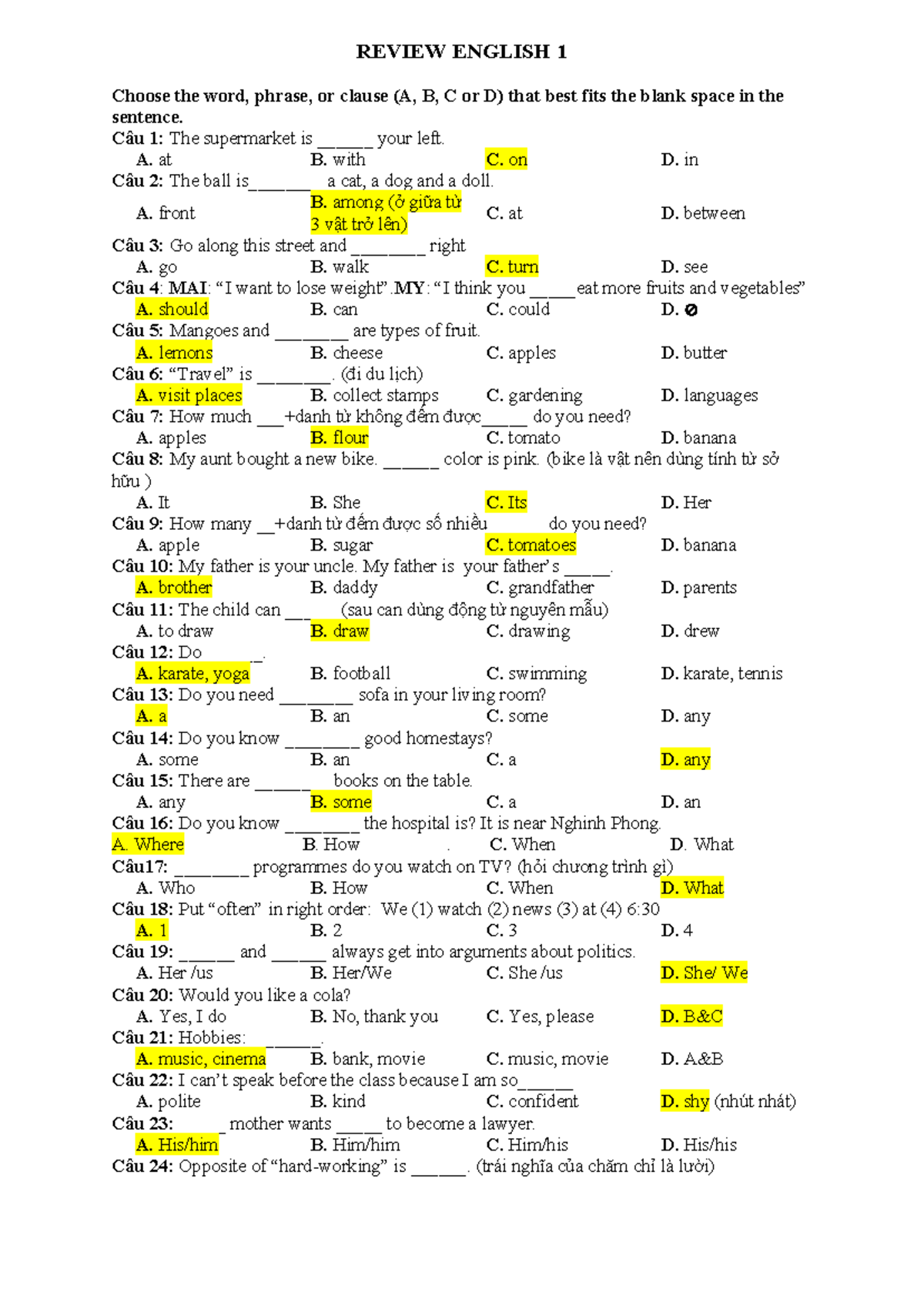 REVIEW ENGLISH 1: Practice Questions and Answers - Studocu