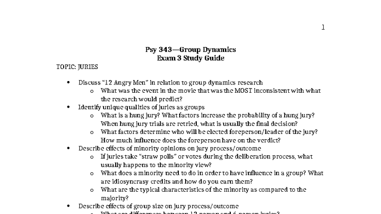 Group Dynamics PSY 2018 Exam 3 Study Guide on Juries & Social Influence ...