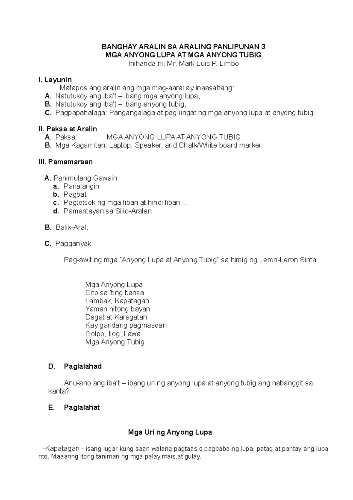 Banghay Aralin: Anyong Lupa at Anyong Tubig - Araling Panlipunan 3 ...