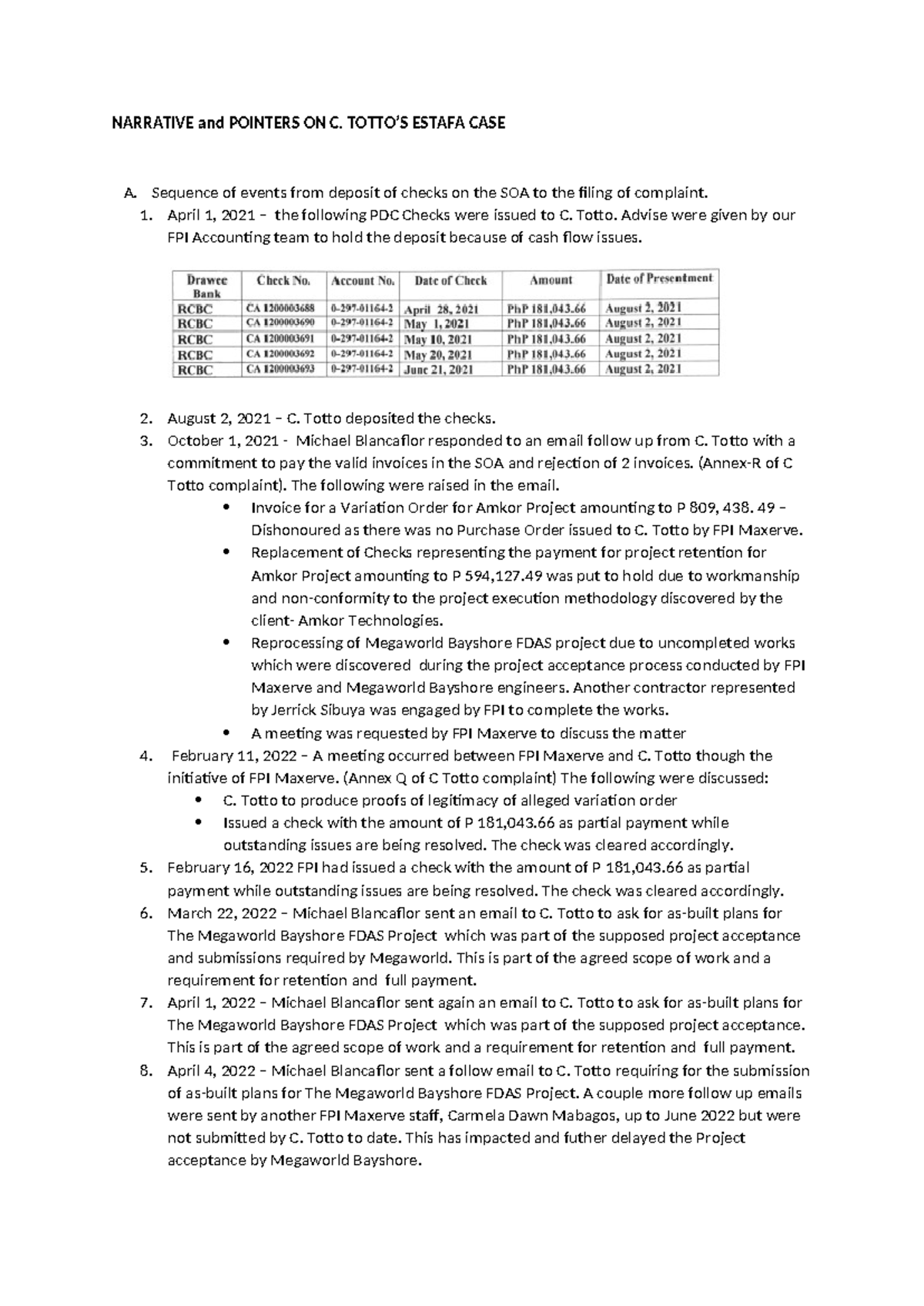 Narrative and Pointers on C. Totto Case Study: Sequence of Events - Studocu