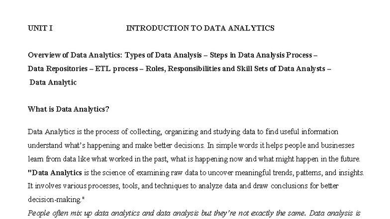UNIT I - Introduction to Data Analytics: Overview & Processes - Studocu