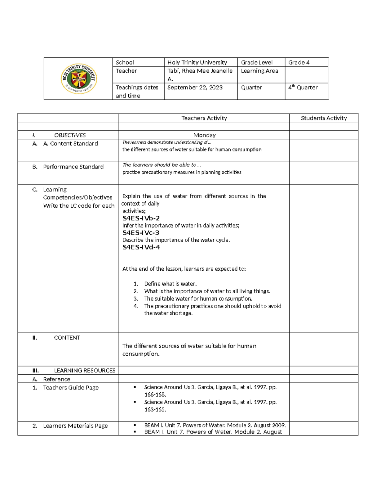 Science 4 Lesson Plan - School Holy Trinity University Grade Level ...