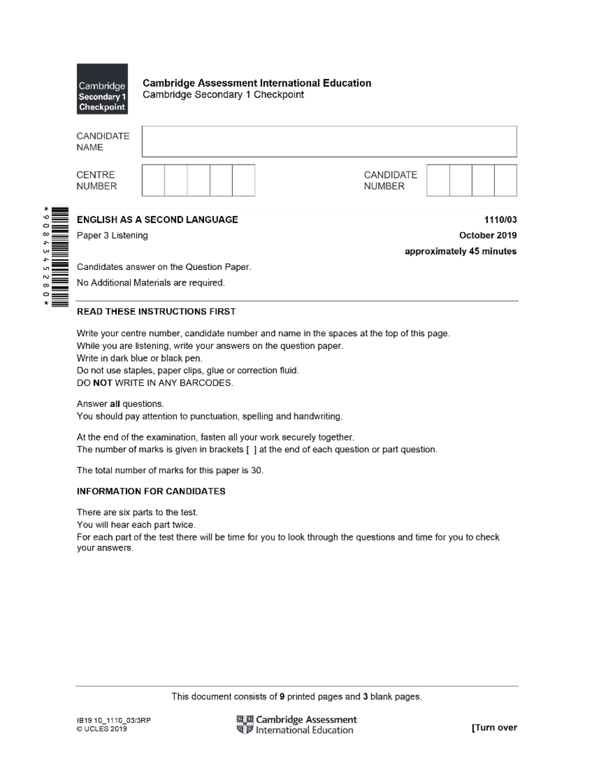 LIBS TASK: ESL Checkpoint Listening Paper 3 (1110) - Oct 2019 - Studocu